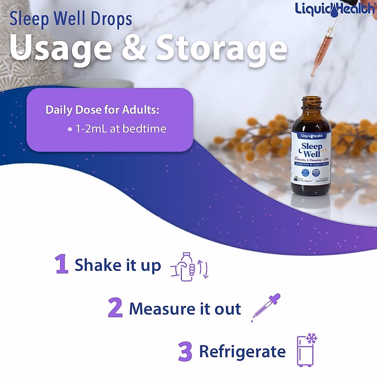 LIQUIDHEALTH Sleep Well Natural Sleep Aid Melatonin Drops - Better Sleep & Mood, Relax & Calm Mind, Fall Asleep Faster Stay Asleep Longer - Vegan, Sugar Free, Drug Free, Non-GMO, Great Taste (2 oz)