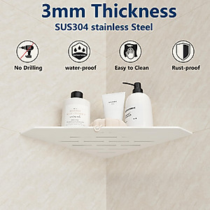 Neohomee 10 in White Corner Shelf, Floating Corner Shelf for Tile Wall, Tile Shower Shelf, 304 Stainless Steel Wall Storage Shelves for Bathroom,No Drilling (White,1Pack)