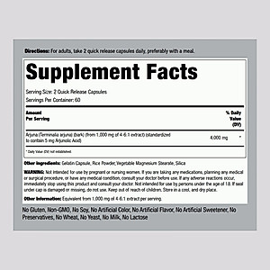 Piping Rock Arjuna Capsules | 4000 mg | 120 Count | from Arjuna Bark Herb Extract | Concentrated Extract | Herbal Supplement | Non-GMO, Gluten Free