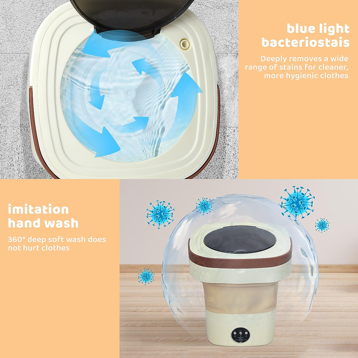 Twira 9L Portable Washing Machine, Foldable Small Washer, Mini Washing Machine with 3 Modes with Blue Light Sterilization, Compact Laundry Machine for Apartment, RV, Dormitory, Travel (Khaki Yellow)