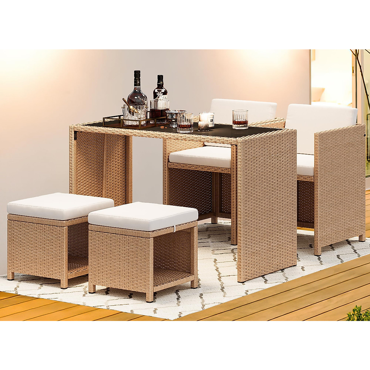 YITAHOME 5-Piece Patio Furniture Conversation Set, Outdoor Conversation Furniture with Tempered Glass Tabletop, Outdoor Bistro Conversation Set for Patios, Backyards, Gardens, Porches (Light Yellow)