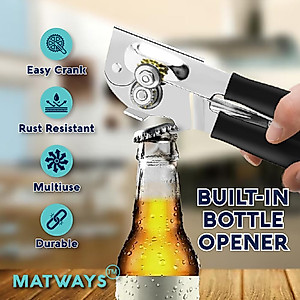 Matways Heavy Duty Commercial Hand Can Opener, Easy Crank Can Opener with Extra Long ergonomic Handle, Stainless Steel Sharp Blade, Large Size Manual Can Opener with Black Comfortable Handle Grip