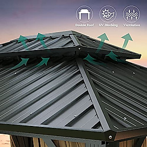 YITAHOME 12x20ft Hardtop Gazebo with Nettings and Curtains, Heavy Duty Double Roof Galvanized Steel Outdoor Combined of Vertical Stripes Roof for Patio, Backyard, Deck, Lawns, Gray