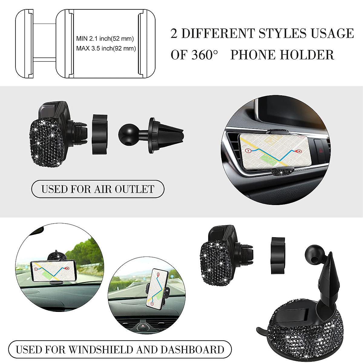 Tallew 20 Pcs Bling Car Accessories for Women, Rhinestone Car Accessories Set, Bling Car Phone Holder Mount, Bling Dual USB Car Adapter, Bling Car, Bling Glasses Holders(Black)