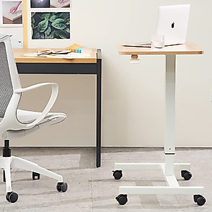 CLATINA Mobile Laptop Desk Pneumatic Sit to Stand Table Height Adjustable Rolling Cart with Lockable Wheels for Home Office Computer Workstation 28" x 19" Beige Round Edge Design Elegant