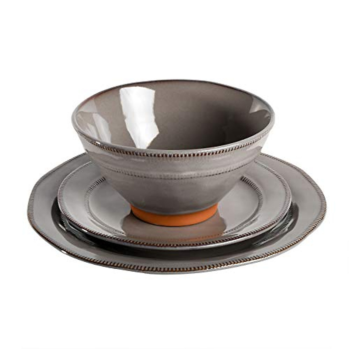 Gibson Elite Terranea Round Reactive Glaze Terra Cotta Dinnerware Set, Service for Four (12pcs), Grey