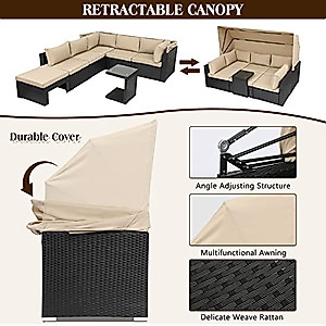 LEISU 7 Pieces Patio Furniture Sets, Outdoor Daybed with Canopy Adjustable Backrest, Sectional Seating with Washable Cushions Rectangle Sunbed for Backyard Garden Poolside (Khaki)