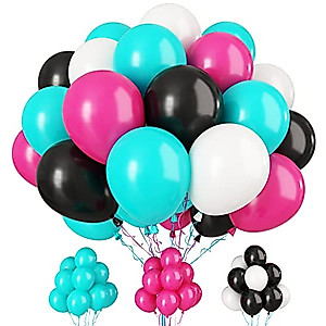 Paready Disco Music Party Balloons, 30 Pcs 12 Inch Hot Pink Black Blue and White Latex Balloons with Ribbons for 80s 90s Disco Music Party Hip Hop Theme Party Birthday DJ Short Video Party Decoration
