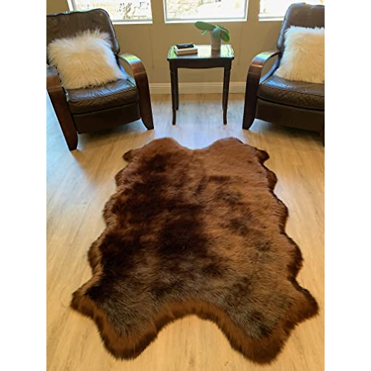LAMBZY Faux Sheepskin Super Soft Hypoallergenic Silky Shag Rug for Living Room, Kids Room, Sofa (Quarto 4 Pelts 4'x6', Brown)