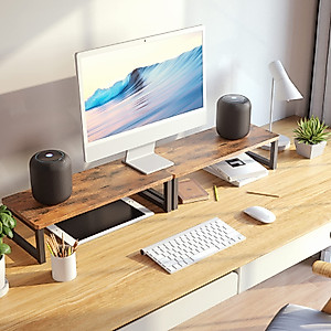 JAWNLITY Multi-Purpose Computer Monitor Stand Riser, Extra Long Wood Desktop Organizer Shelf for Laptop and Computer Screen, 21.6’’L X 9’’W X 5.5’’H, Rustic Brown