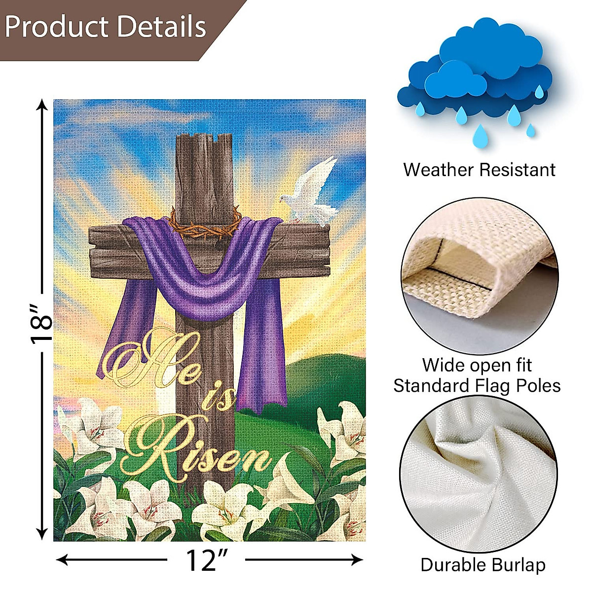 Louise Maelys Easter Garden Flag 12x18 Double Sided Burlap, Small Vertical He is Risen Easter Cross Garden Yard Flags for Easter Spring Christmas Outdoor Outside Decoration (ONLY FLAG)