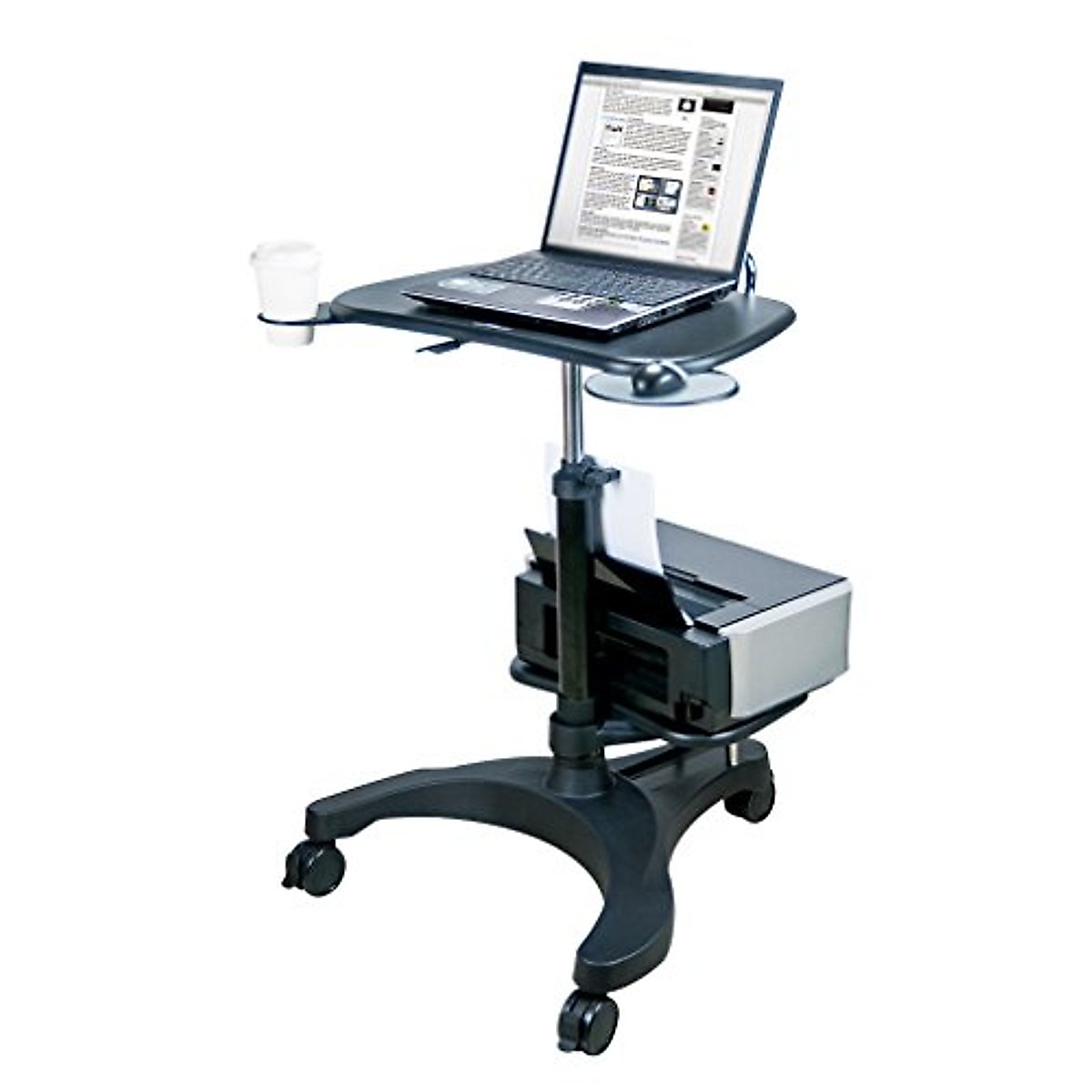 Aidata Ergonomic Sit-Stand Mobile Laptop Cart Work Station with Printer Shelf. with Built in Cup Holder and Mouse Pad. Black (Model: LPD009P)