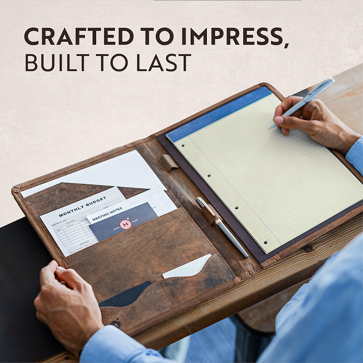 Leather Portfolio Professional Organizer Padfolio – Resume Folder with Luxury Pen, Stylish Document Folio for Letter Size Writing Pad w/ Business Card Holder, Portfolios for Men & Women MOONSTER®