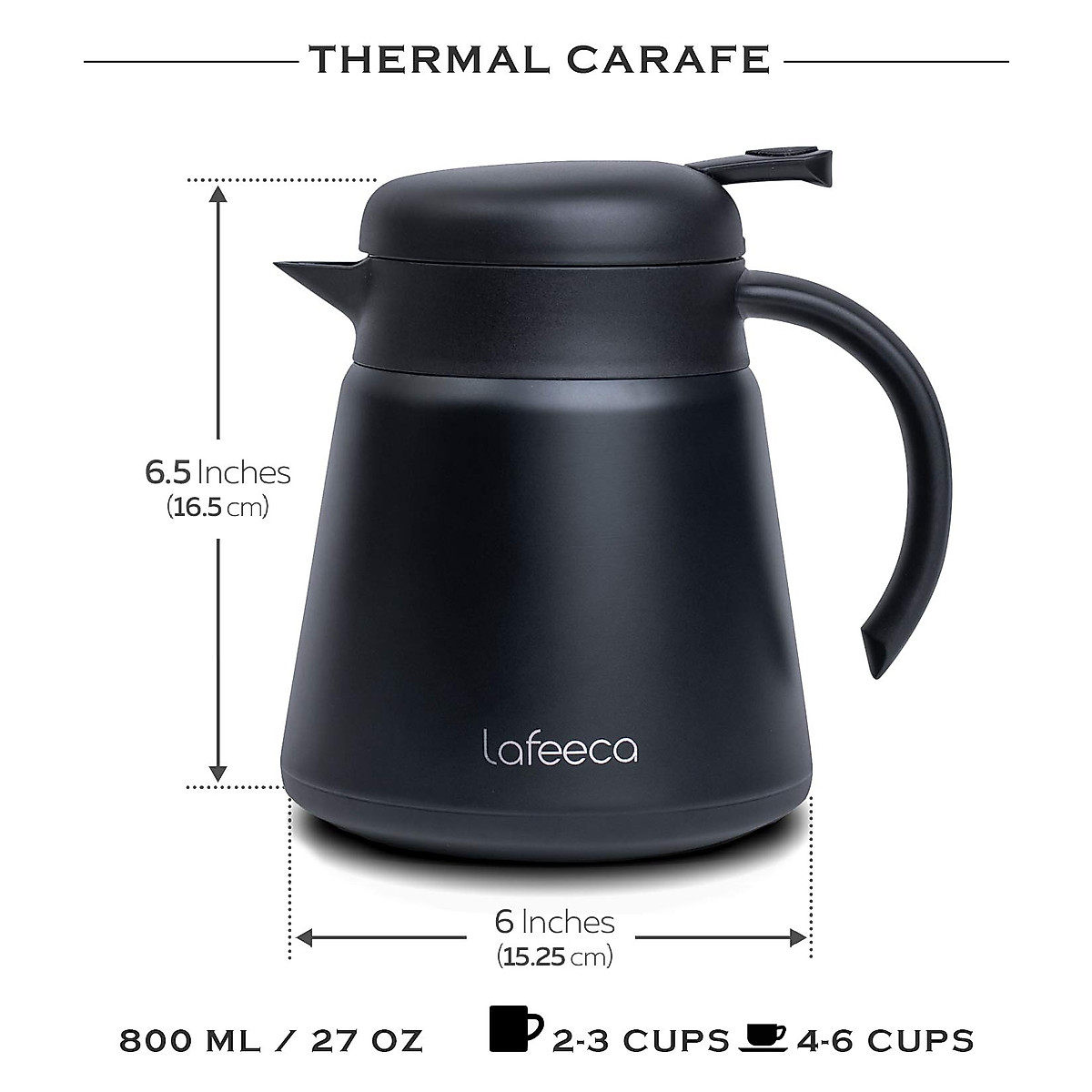 Lafeeca Thermal Coffee Carafe Tea Pot Stainless Steel, Double Wall Vacuum Insulated | Cool Touch Handle | Hot & Cold Retention | Non-Slip Silicone Base | BPA Free Black