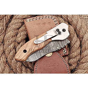 HUNTEX Custom Handmade Hand-Forged Twist Pattern Damascus Steel 3.7 Inch Long Natural Olive Wood Handle Razor Sharp Hunting Folding Pocket Wharncliffe Knife with Pocket Clip & Genuine Leather Pouch