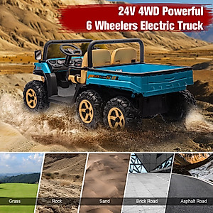 POSTACK 24V 4WD Ride on Dump Truck, 6 Wheels Ride On Car with Remote Control, Side by Side 2 Seater Power 6 Wheels for Big Kids, Ride on Tractor for Toddler with Music, Bluetooth, Blue