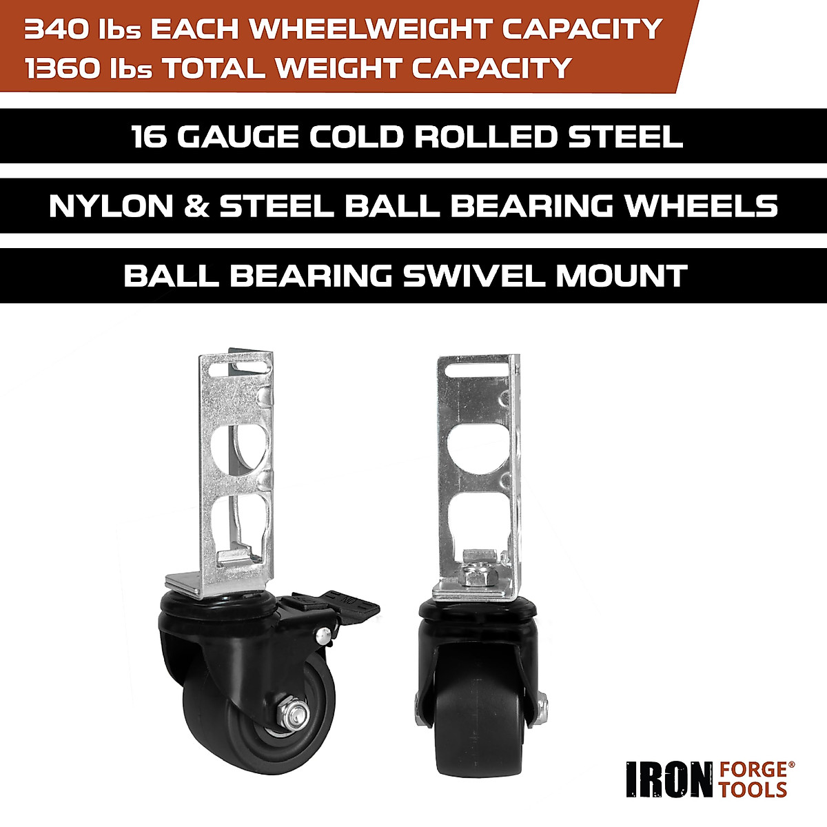 Iron Forge Tools Rolling Storage Rack Caster Wheels Heavy Duty - Set of 4 Locking Caster 3 Inch 1360 lb. Capacity for Boltless Self Locking Shelving Racks, Nylon and Steel Ball Bearing Wheels