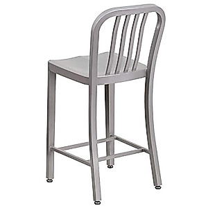 Flash Furniture Commercial Grade 24" High Silver Metal Indoor-Outdoor Counter Height Stool with Vertical Slat Back