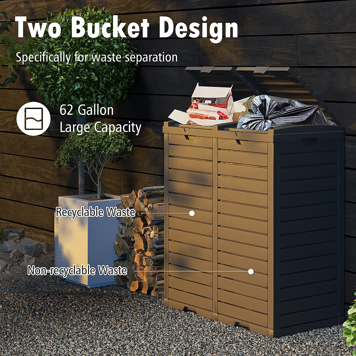 CLEEMAN Dual Outdoor Trash Can, 62 Gallon Trash Bin with Dual Lid & Drip Trays, Garbage Can with Lid Patio Backyard Deck & Kitchen