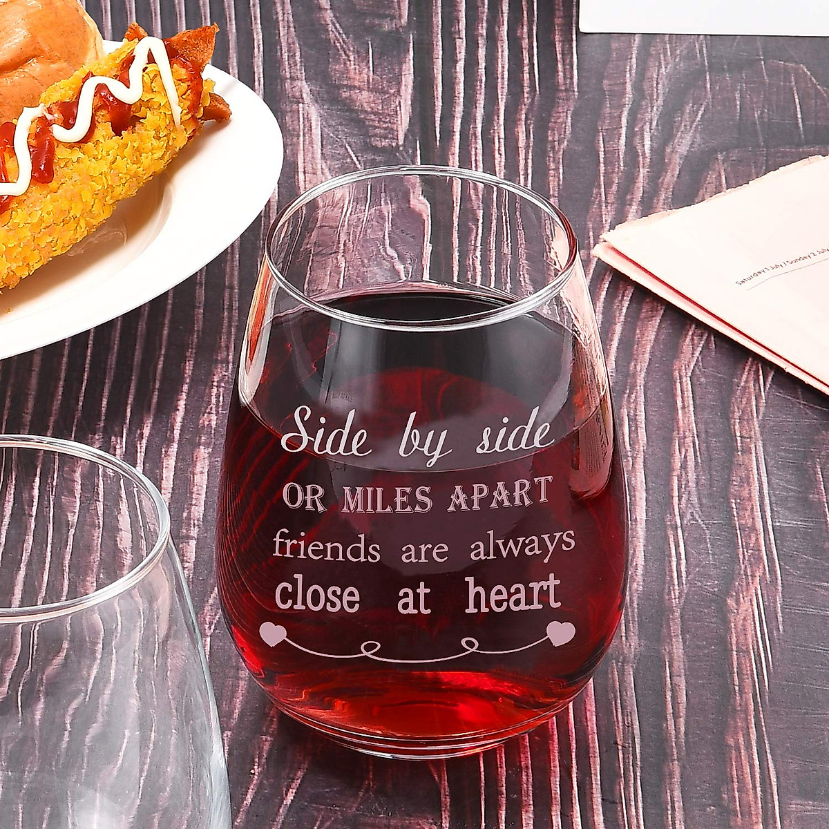 Wine Glass Side By Side or Miles Apart Friends are Always Close at Heart Birthday Gift for Friend Best Friend Gift Long Distance Friendship Gifts 15Oz