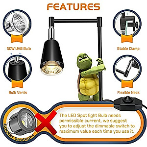 Fischuel Flexible Heating Lamp UVB Lamp with Clamp Fixtures, Reptile and Aquarium, Terrarium and Vivarium Basking Lamps and Spotlight, Comes with 3 Bulbs（Two 50W UVB Bulb & Spotlight Bulb）(E27,110V)