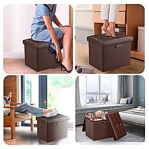 Tamfile Storage Ottoman with Lock, Fireproof Safe Folding for Documents, Waterproof Foot Rest Stool, Stable Short Living Room, Brown, 17 * 13 * 13inch