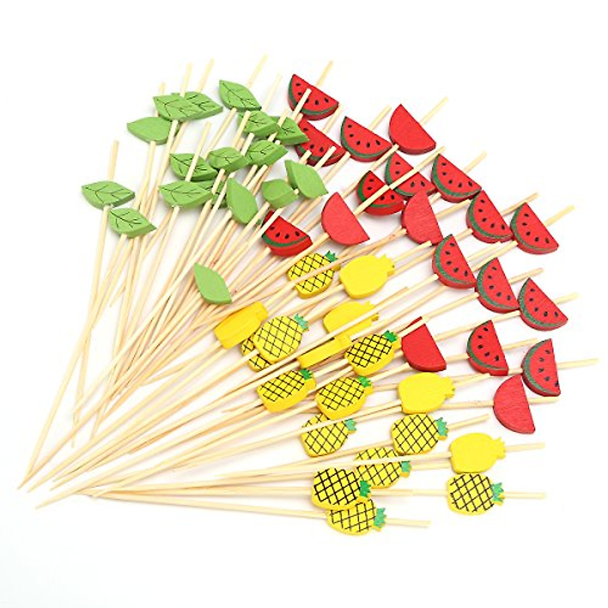 Minisland Mix-colored Fruits Watermelon Pineapple Leaf Cocktail Toothpicks 4.7 Inch Long Bamboo Skewers for Appetizers Drinks Hawaiian Party Food Picks 100 Counts- MSL115