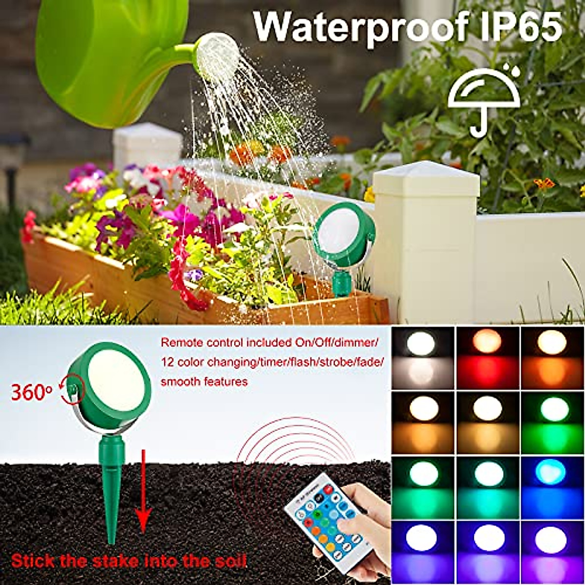BIGMONAT Landscape Light USB Rechargeable, Color Changing Tree Spotlight Outdoor, RGB Garden Plant Lighting with Remote, Waterproof Ground Light for Patio Yard Pathway