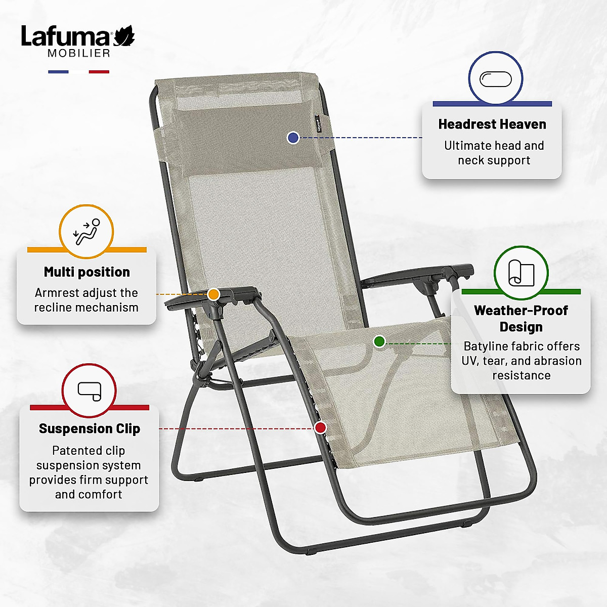 Lafuma R-Clip Batyline Relaxation Patio and Poolside Zero Gravity Outdoor Lounge Recliner Chair with Adjustable and Removable Headrest, Seigle