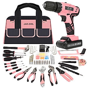 Jar-Owl 21V Pink Drill Set Tool Kit Set Power Drill for Women DIY with Storage Bag Tool Box,350 in-lb Torque, 0-1350RMP Variable Speed, 10MM 3/8'' Keyless Chuck, 1.5Ah Li-Ion Battery for Home Tool Kit