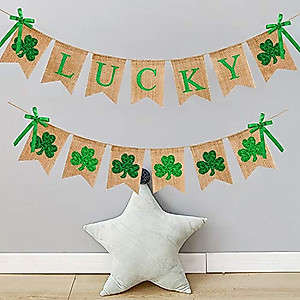 St. Patrick's Day Decorations Burlap Lucky Banner Glitter Shamrock Banner Green Clover Lucky Irish Party Banner for St. Patrick's Day Party, Green Theme Party, Spring Holiday Party Supplies