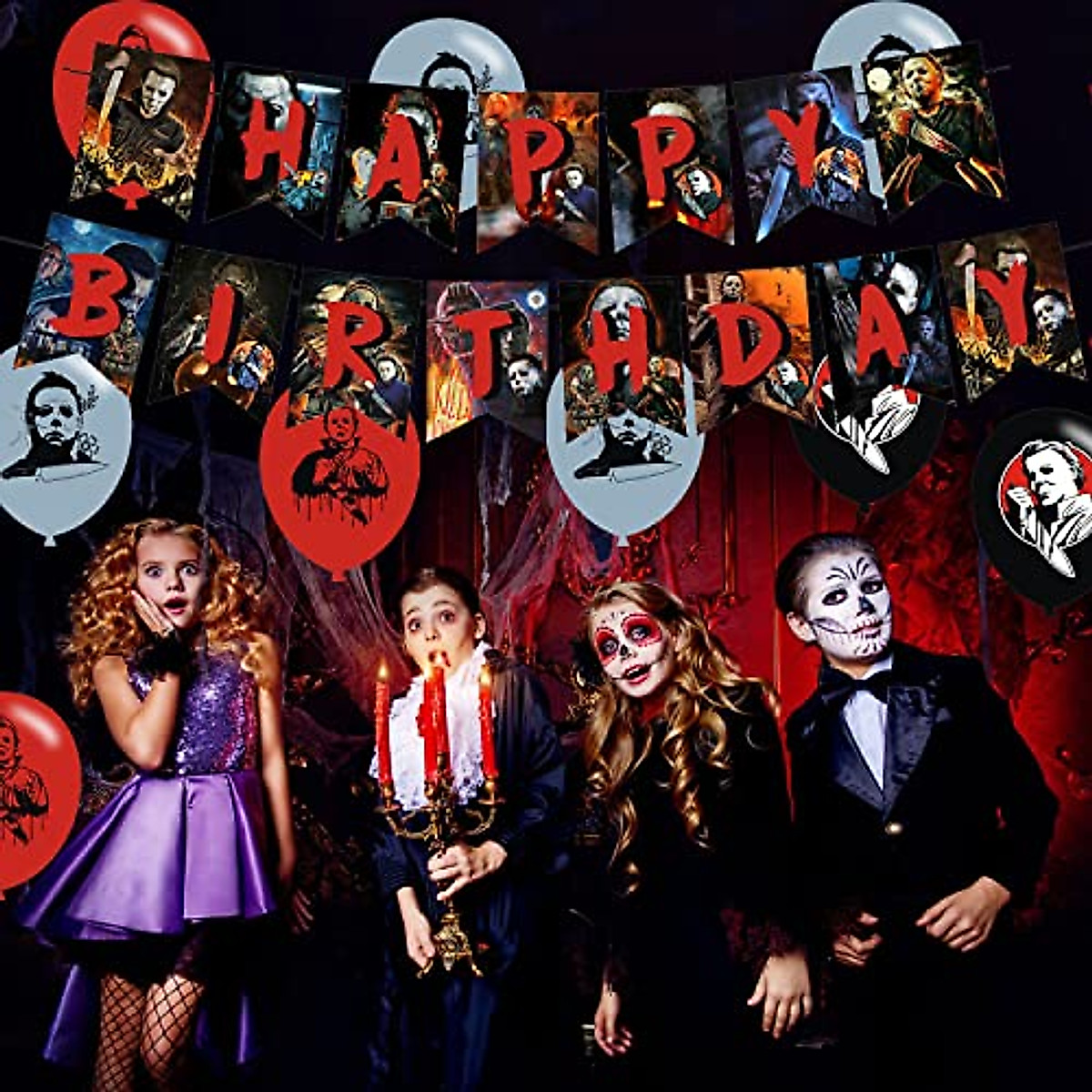 Horror Movie Have A Killer Party Decorations,Birthday Party Supplies For Thriller Killer Role Michael Myers Party Supplies Includes Banner - Cake Topper - 12 Cupcake Toppers - 18 Balloons -50 Horror Movie Stickers