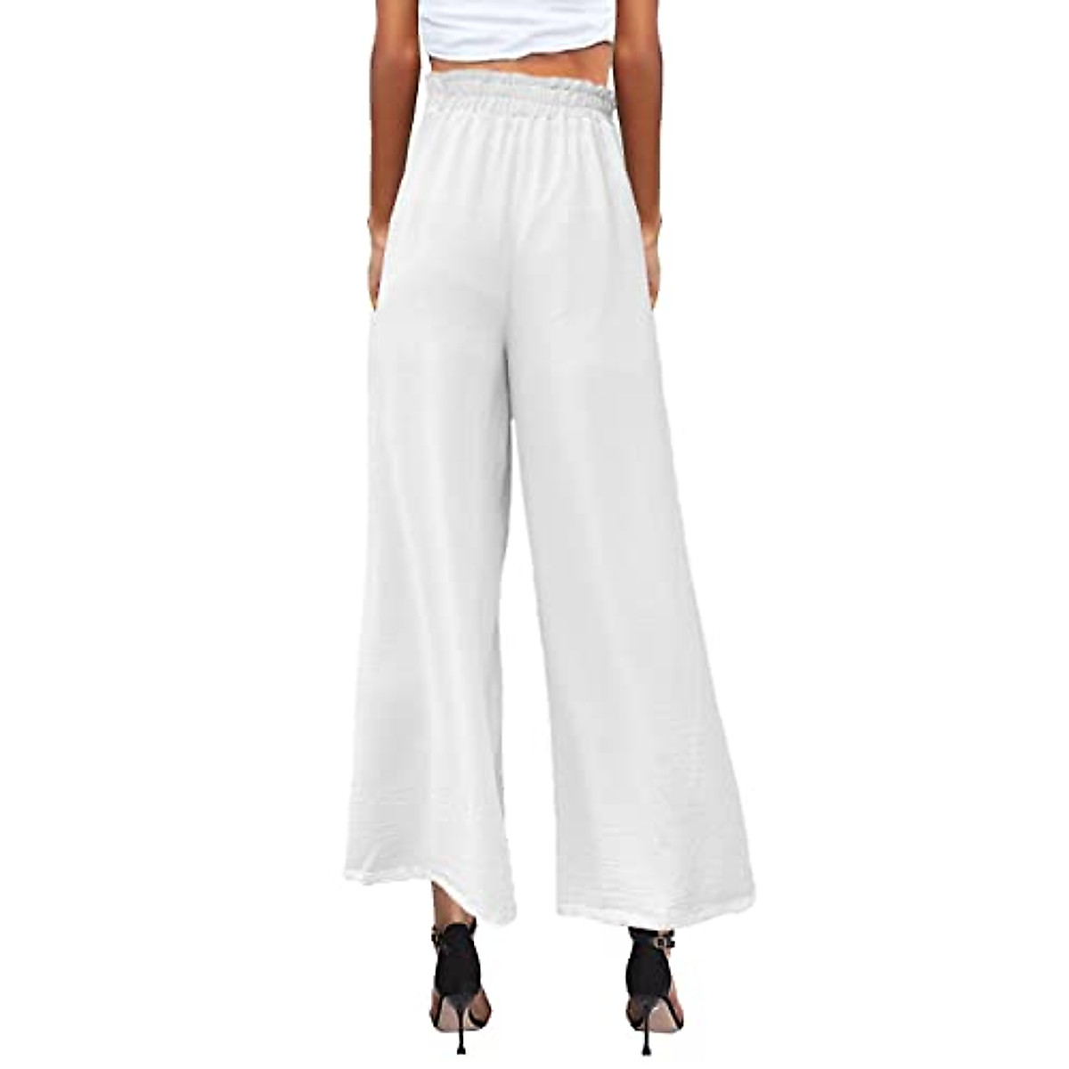 Pasgreson Womens Elastic High Waist Wide Leg Pants Palazzo Lounge Pants Casual Loose Flowy Pants with Pockets White 3XL
