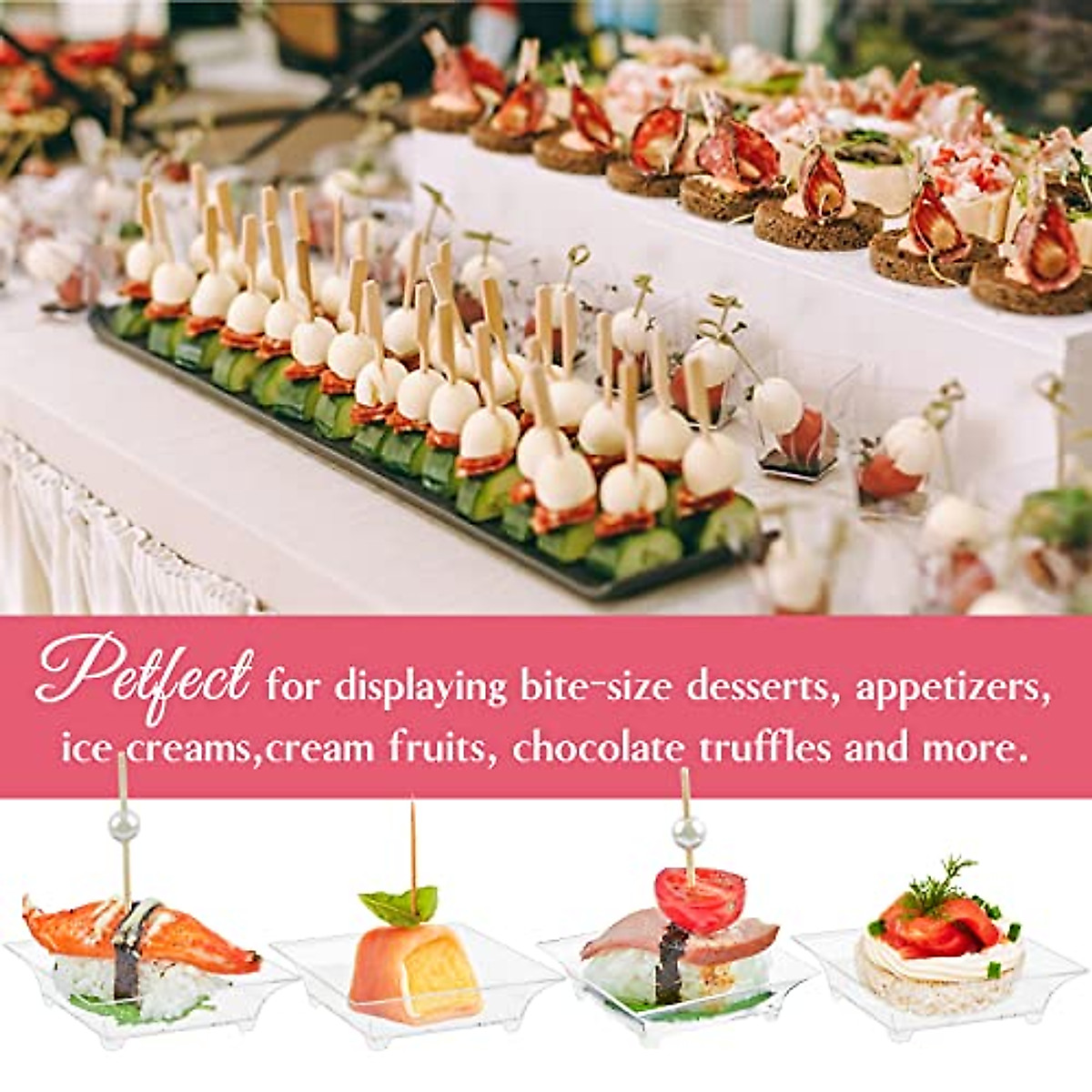 Zezzxu 100 Pack 1 oz Mini Dessert Plates with Spoons Reusable Plastic Appetizer Trays Square Small Party Serving Bowls for Trifle, Cheesecake, Chocolate Truffles, Ice cream