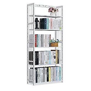 MoNiBloom Tall 5 Tier Bookshelf, Bamboo Multifunction Free-Standing Storage Bookcase Display Shelf Organizers for Living Romm Home Office Study Room, White