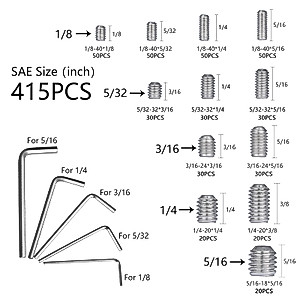JROUTH 1000pcs Metric + SAE Set Screw Assortment Kit, Internal Hex Drive Cup-Point Allen Screws Set 304 Stainless Steel Grub Screw (M3-M8, 1/8""-40 to 5/16""-18)