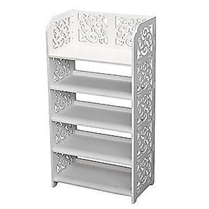 LeeMas White Wood Plastic Shoe Cabinet Carved Shoe Rack White Chic Hollow Shoe Tower Baroque Free Standing Shoes Storage Organizer Closet Shelves Holder Container (16.54 x 9.45 x 31.5), 5 Tiers