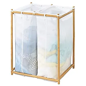 mDesign Laundry Hamper Organizer/Sorter with Metal Stand and 2 Removable Large Mesh Bags - Portable - Double Hamper Design - White/Natural