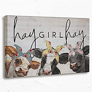 Funny Quote Cute Cows Canvas Wall Art Prints,Hay Girl Hay Wood Texture Paintings Prints,11x14 inches Artwork for Funny Farm Themed Decor Girl Room Farmhouse Bedroom Living Room Home