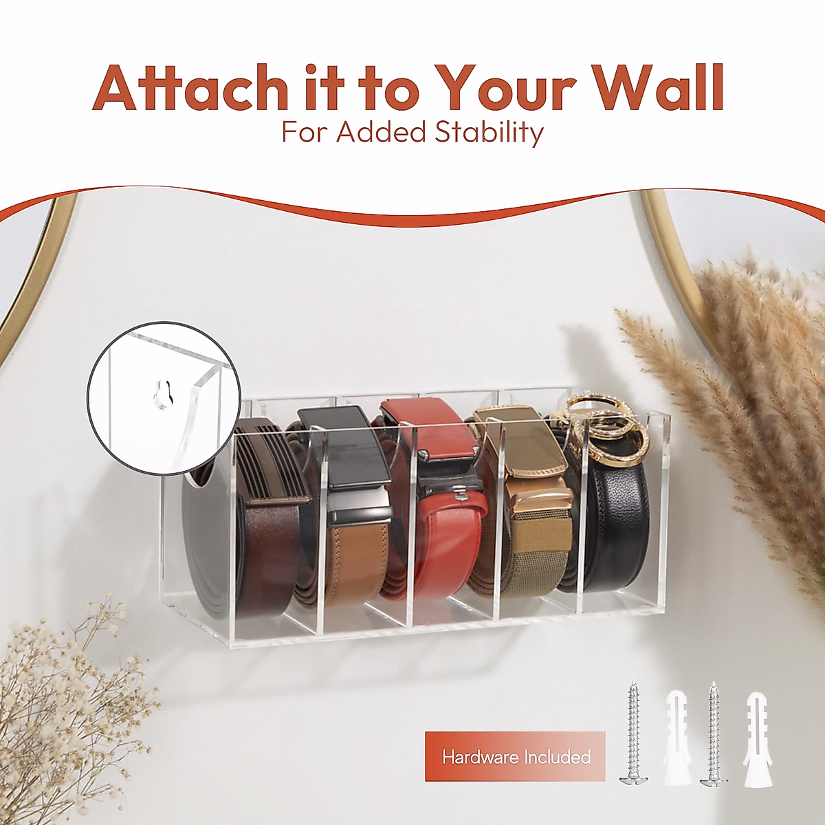 PROKTIK Acrylic Belt Organizer - 5 grid Belt Holder – Wall Mount Belt Storage – Tie and Belt Organizer for Closet and Drawer – Belt Display - Organizer for Belts, Ties, Watches, Cosmetics, Underwear