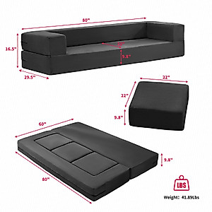 PUREMIND Folding Velvet Sofa Bed with 3 Ottomans, Convertible Floor Sofa, Foldable Sleeper Foam Bed, Comfy Futon Couch with Foam Mattress for Home Apartment Office and Dorm - Dark Gray