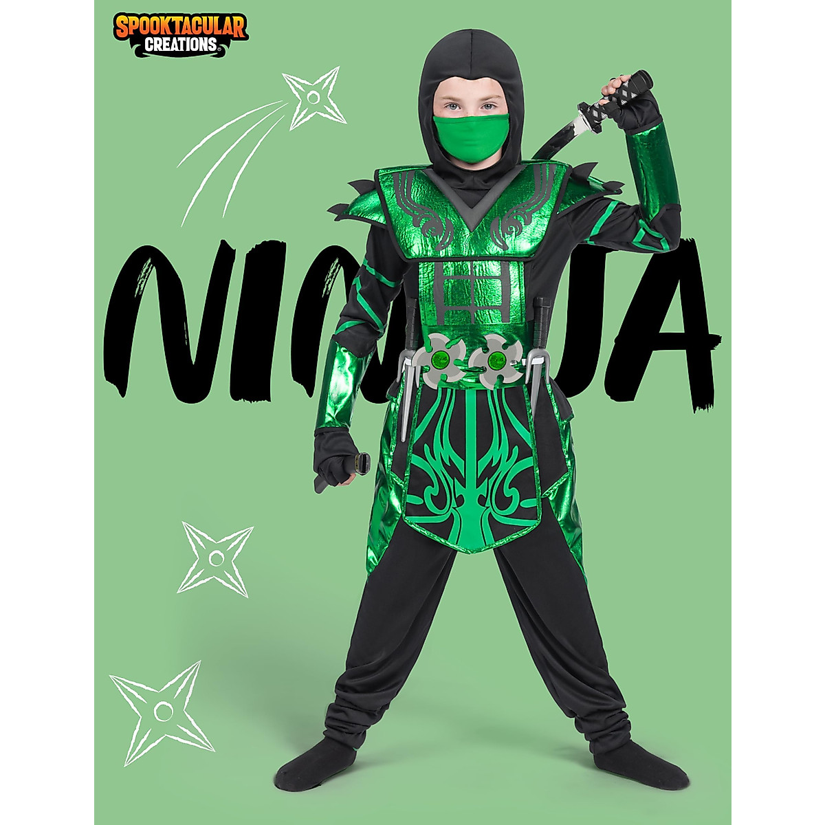 Spooktacular Creations Green Ninja Costume for Boys, Child Green Ninja Costume with Accessories for Kids Themed Parties, Halloween Dress Up Parties, M