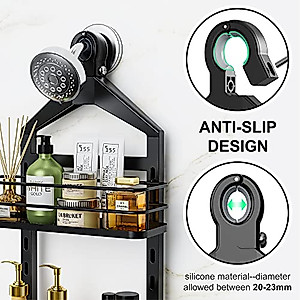 Thideewiz 3 Tier Hanging Shower Caddy Over Shower Head, Anti-Swing Shower Shelf, Adjustable Rustproof Shower Rack, Metal Shower Organizer with Hooks, Black