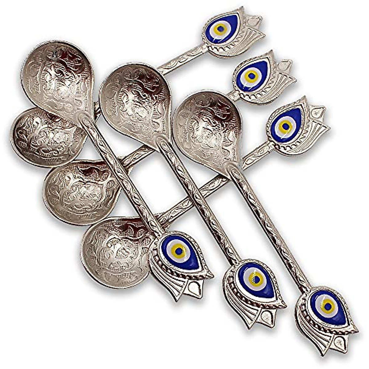 Kuchengerate 6pcs Evil Eye Beady Silver Casting Tea Coffee Stirring Teaspoons 12.7cm/5" inc Unique Nazar Design - a Different Product Dazzling - Suitable for Dessert Espresso Ice Cream - Best Gift Set