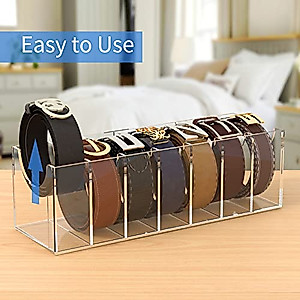 FEMELI Belt Organizer, Acrylic 7 Compartments Belt Container Storage Holder, Clear Belt Display Case for Closet Tie and Bow Tie
