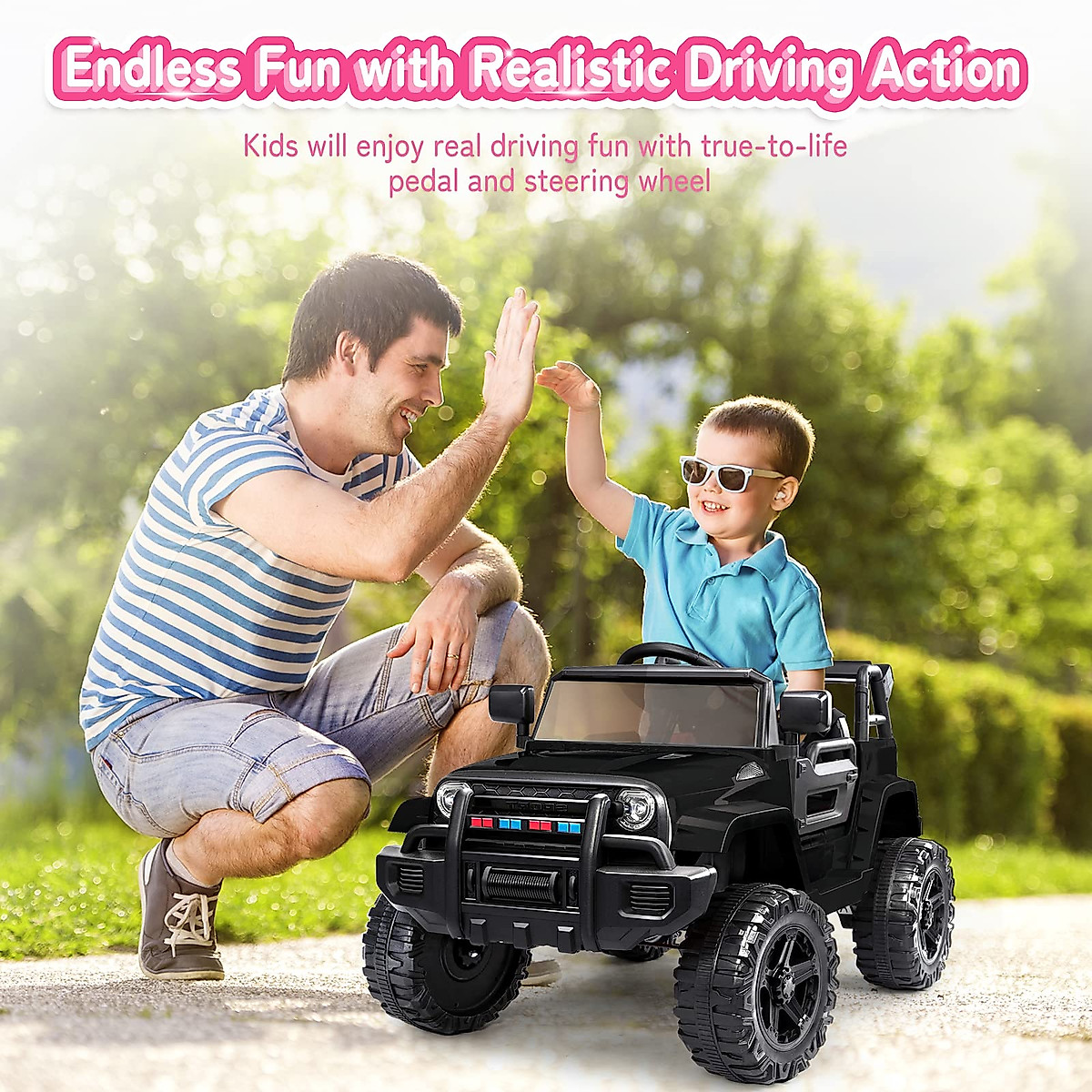 JOYMOR Ride on Truck with Remote Control, 4 Wheels 12V Battery Powered Kids Car, with LED Headlight/Horn Button/ MP3 Player/USB Port/Forward Backward/Kids Girl Boy (Black)