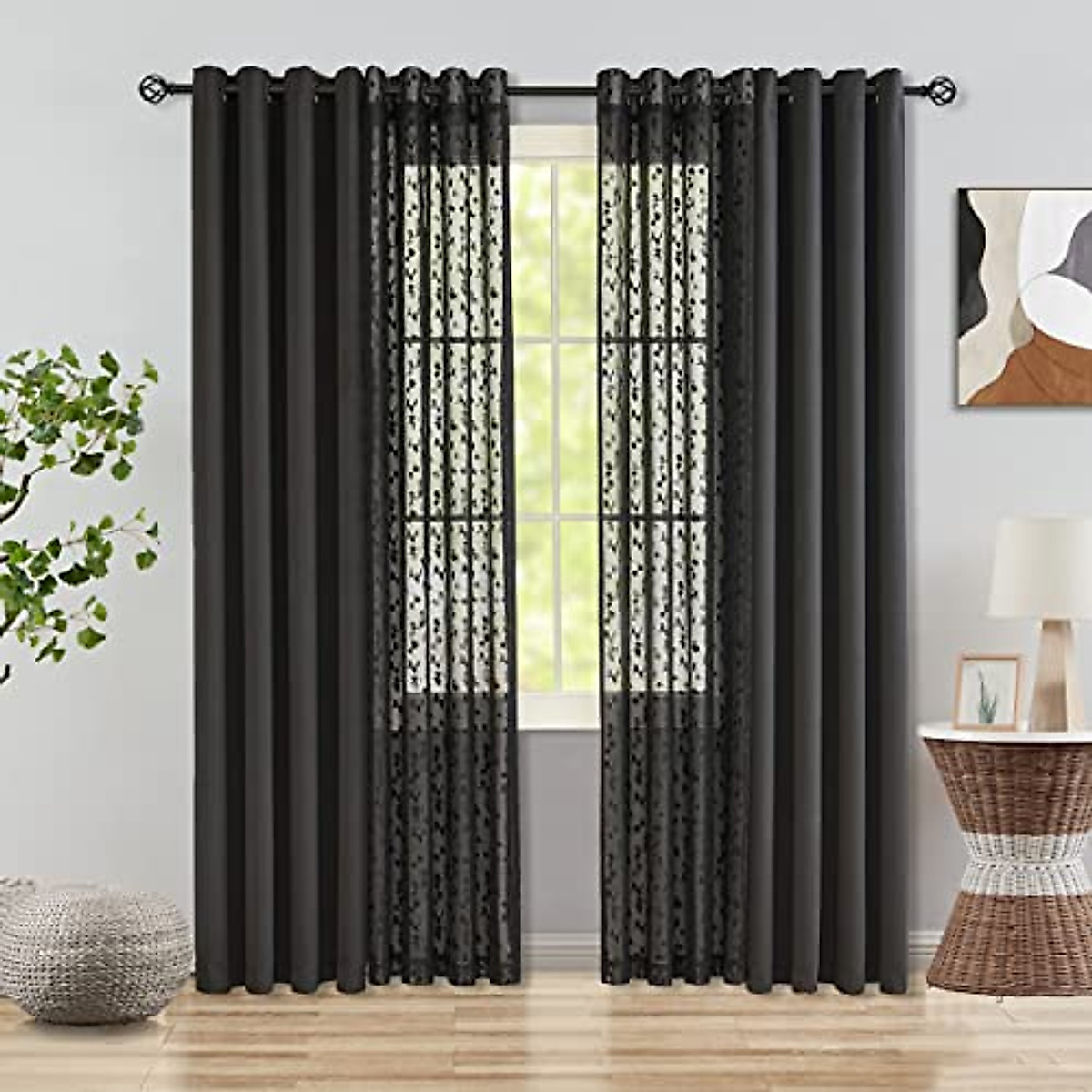 Jubilantex Full Blackout Curtains + Leaf Sheer Window Panels, Mix and Match Style Double Layer Window Treatment Sets for Bedroom Living Room, 4 Panels 52" W x 84" L, Black and Black