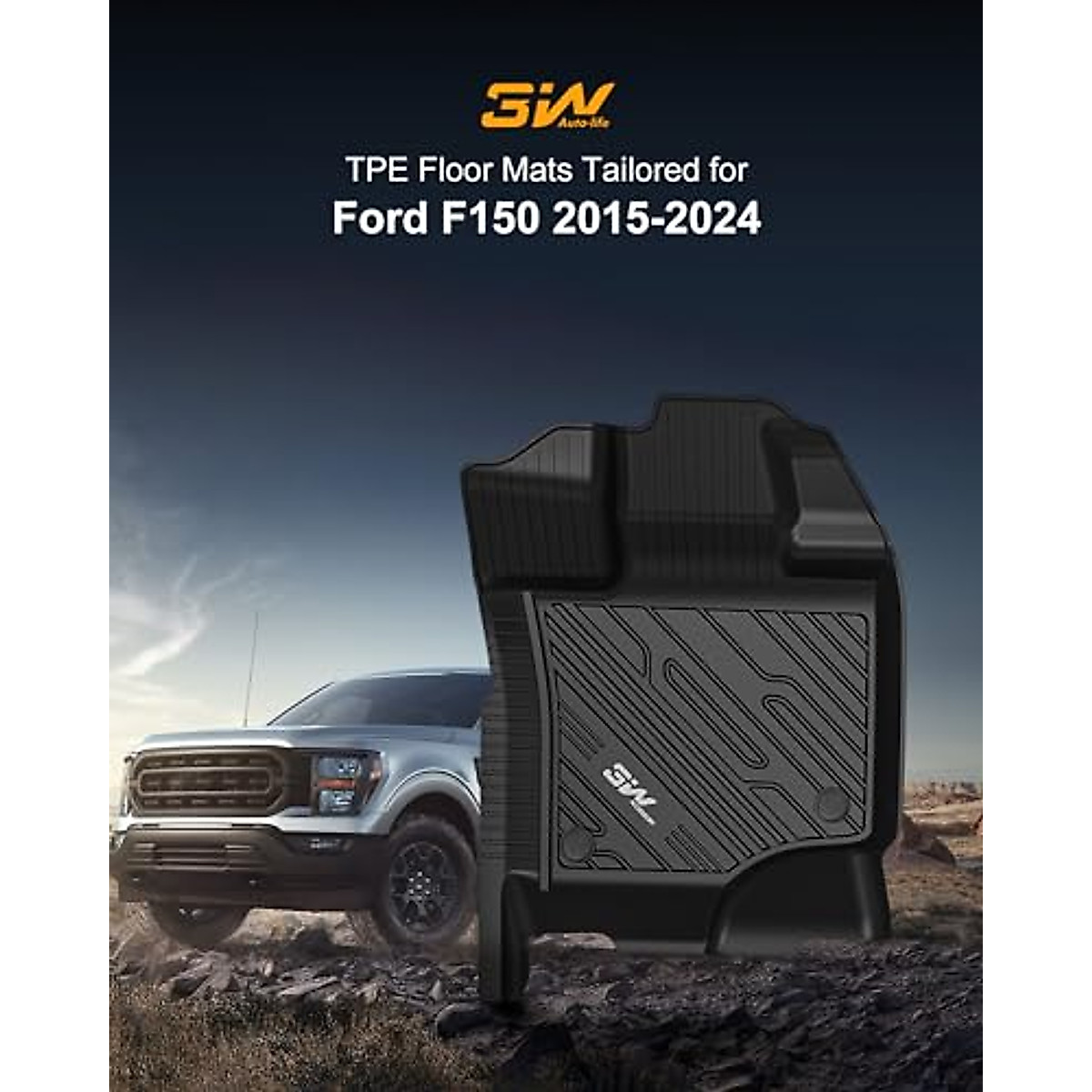 3W Floor Mats Fit for Ford F150/F-150 Lightning SuperCrew Cab 2015-2024, TPE All Weather Custom Fit Car Accessories 1st and 2nd Row Full Set Car Liners (Without Under-Seat Storage)