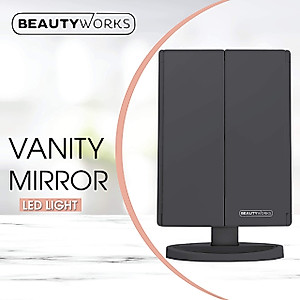 Beautyworks Backlit Makeup Vanity Mirror 36 LED Lights Touch-Screen Light Control, Tri-Fold 1/2/3X Magnification, Portable High-Definition Cosmetic Magnifying Personal Makeup Mirrors (Midnight Black)
