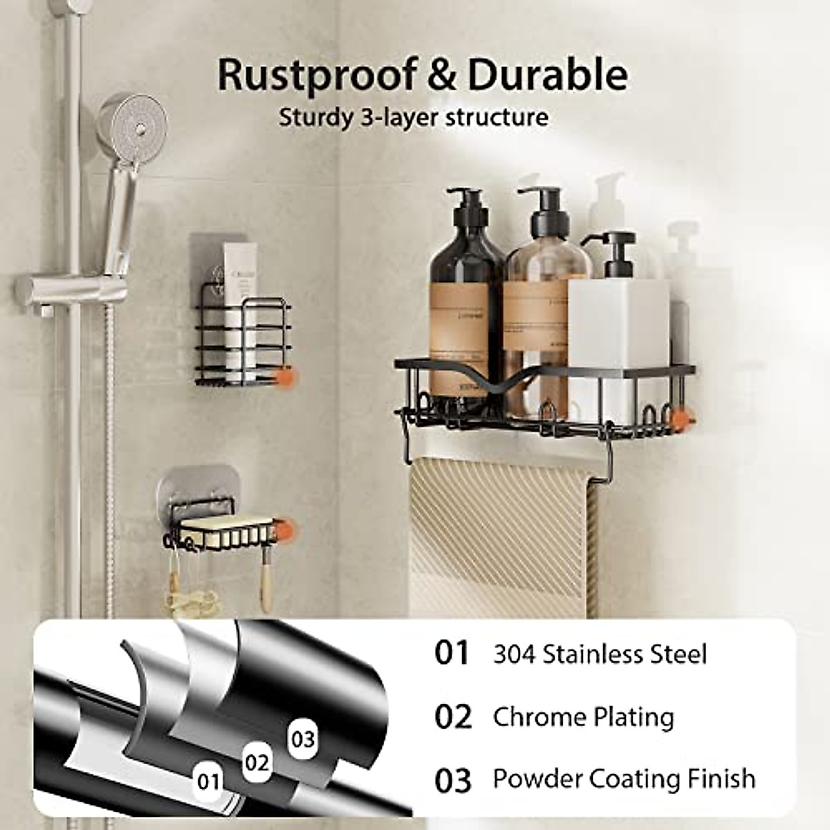 AMADA HOMEFURNISHING Shower Caddy Set, Stainless Steel Shower Organizer with Strong Adhesive, Shower Shelves with Toothbrush Holder, Soap Holder & Towel Bar, No Drilling, Set of 3, Black, AMHSR02B